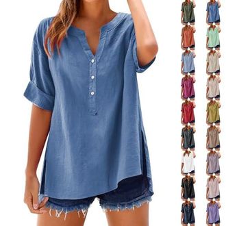 Generic HUIFUAO - Chemises en lin pour femmes - T-shirt &agrave; manches courtes et col en V - Grande taille - Tunique d&eacute;t&eacute; basique &eacute;l&eacute;gante noire, Z11 Vert menthe, 