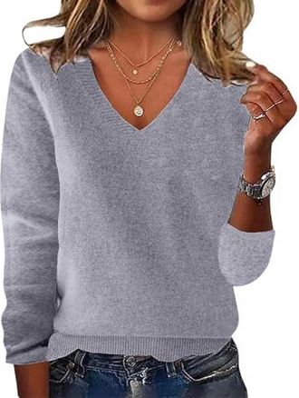 Generic Pull confortable en cachemire pour femme, col en V, automne 2025, décontracté, classique, doux, basique, pull léger et chaud, gris, S