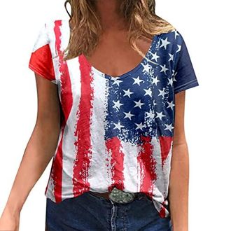 Janly T-shirts Personnalis&eacute; Peint &agrave; la Main Femme T-shirt avec Drapeau Am&eacute;ricain Col en V pour le Jour de lInd&eacute;pendance T-shirt surdimensionn&eacute; pour Femmes G
