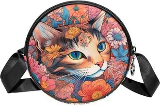 Generic Sac &agrave; bandouli&egrave;re rond rond pour femme, motif chat color&eacute;, avec fermeture &eacute;clair, bretelles r&eacute;glables, style d&eacute;contract&eacute;