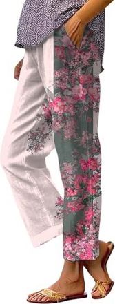 Generic Pantalon L&eacute;ger Femme Fluide Blanc Lin &Eacute;t&eacute; Pantalon D&Eacute;t&eacute; D&eacute;contract&eacute; en Lin pour Femmes Taille avec Cordon De Serrage &Eacute;lastique Droit Ample Vetement Fe