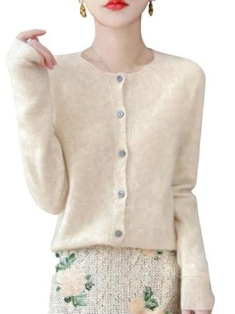 ORANDESIGNE Gilet Femme Chic et Elegant Gilet Court Col Rond Gilets Manches Longues Cardigan Laine Mi-Saison A Beige XS