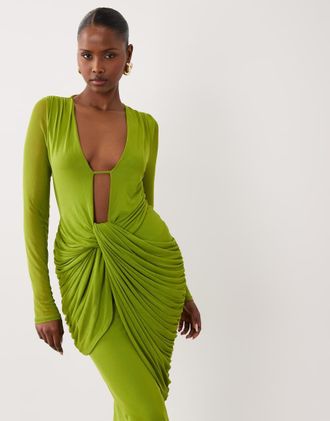 Asos Robe mi-longue effet drap&eacute; en tulle avec manches longues et d&eacute;collet&eacute; plongeant - Vert