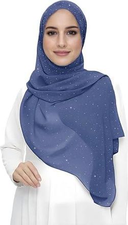 Lina & Lily Foulard hijab léger en mousseline de soie scintillante dorée pailletée pour femme, bleu jean, taille unique