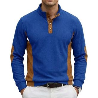 Generic Polo en velours c&ocirc;tel&eacute; d&eacute;contract&eacute; &agrave; manches longues et col montant boutonn&eacute; Henley pour homme, bleu, XXL