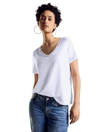 Street One Damen A321616 T-Shirt In Leinenoptik, Weiß, 44 EU