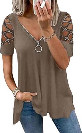 Onsoyours Femme Tee Shirt Été Élégant Tunique Mode Col en V Chemise Fermeture Éclair Couleur Unie T-Shirt À Manches Courtes Sexy Épaules Dénudées Tops Hauts Blo