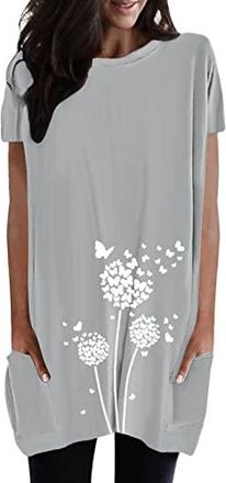 Generic T-shirt femme d&eacute;contract&eacute; col rond couleur unie imprim&eacute; poches t-shirt long haut, gris, XXL