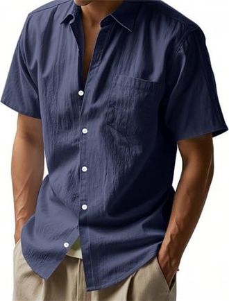 Generic Chemises en lin pour homme - Chemises blanches d&eacute;contract&eacute;es en coton - Chemise de plage en lin - Chemise longue blanche en coton - Polo &agrave; manches cou