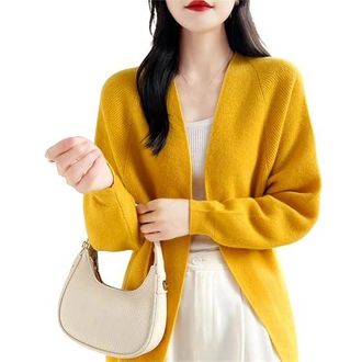 Generic Cardigan en laine pour femme 100 % laine tricot&eacute;e ample confortable col en V, jaune, Taille XL