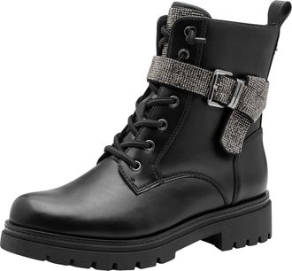 Marco Tozzi by Guido Maria Kretschmer Damen Stiefeletten zum Schn&uuml;ren mit Schnalle Glitzerdetails, Schwarz (Black), 41 EU