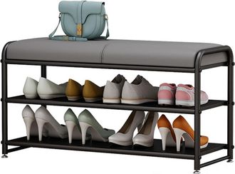 Generic Schuhbank-Sitzregal Mit 3-stufiger Aufbewahrung for Eingangsbereich, Schlafzimmer, Wohnzimmer, Flur(Gray Black Frame,90cm)
