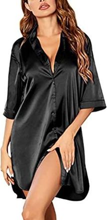 ORANDESIGNE Chemise de Nuit pour Femmes à Manches Courtes Chemise de Nuit Décontractée Boutonnée Chemise de Nuit Courte en Satin Manches 3/4 Col en V Profond Robe