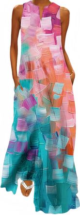 Ocean Plus Damen Muster Maxikleid V-Ausschnitt Kleid mit Stecktaschen und Weitem Rock (5XL, Blaues rosa Quadrat)
