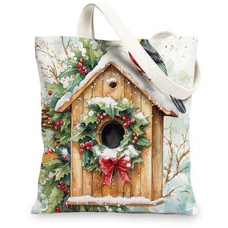 Generic Sac fourre-tout en toile motif toucan de No&euml;l pour faire du shopping, 33 x 38,1 cm, cabane &agrave; oiseaux aquarelle amusant, sac d&eacute;picerie r&eacute;utilisable pou