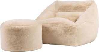 Icon Brand Natalia Sitzsack Sessel für Erwachsene mit Hocker, Beige, Flauschiger Kaninchen Kunstfell Stoff, Riesen Sitzsack mit Füllung, Bean Bag, Bequemer Sesse