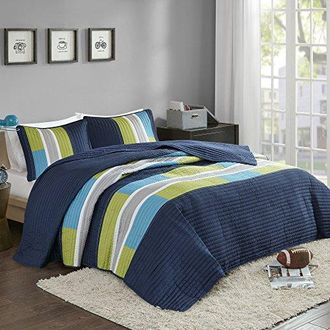 Comfort Spaces 3 Piece Quilt Coverlet Bedspread All Season Lightweight Hypoallergenic Pipeline Colorblock Kids Bedding Set, Full/Queen, Pierre Navy/Blue Stripe