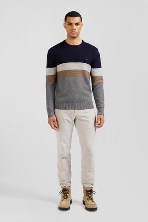 Eden Park Pull Col Rond En Laine Et Coton Gris &Agrave; Jeux De Maille Coupe Regular