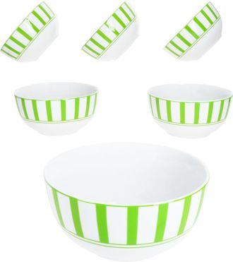 MamboCat Split grün 6er Set Müslischale 14cm I 400ml I weiße Porzellan-Schüssel mit Streifen für 6 Personen I Schälchen für Salat, Suppe, Müsli, Chips & Co