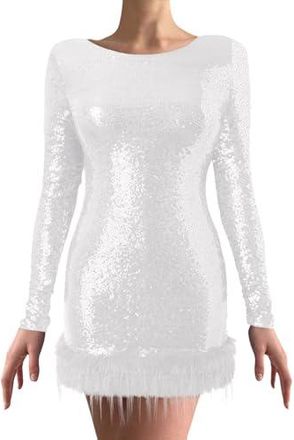 Generic Robe Femme Chic Et Elegant Robe de Soirée Robe Longue Sexy À Manches Longues pour Femme Couleur Unie Ornée de Sequins Et de Plumes Col Rond Robe Cockt