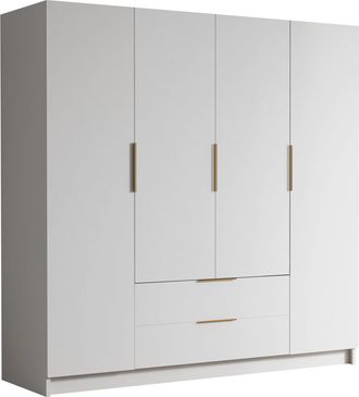 Mirjan24 Kleiderschrank Sozor I 200, Schrank, Garderobe, Organizer, 4-türig, 2 Schubladen für mehr Stauraum, Aluminiumgriffe, gedämpftem Schließsystem (Weiß + 