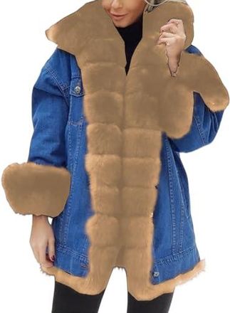 Generic Manteau en denim en fausse fourrure pour femme - Grande taille - Veste chaude et &eacute;paisse - Style d&eacute;contract&eacute; - Parka dext&eacute;rieur, kaki, 5XL