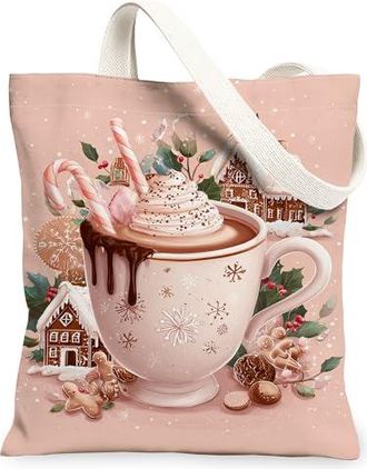 Generic Sacs fourre-tout en toile pour vacances dhiver, joli motif chocolat chaud, sacs d&eacute;picerie, sacs d&eacute;picerie r&eacute;utilisables, l&eacute;gers et lavables en toile p