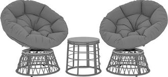 OUTSUNNY Ensemble Salon de Jardin 3 pi&egrave;ces avec 2 fauteuils papasan pivotant et 1 Tables Basse Ronde 2 Grands Coussins fourni Polyester r&eacute;sine tress&eacute;e Gris
