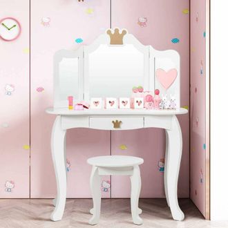 Costway Costway - Coiffeuse enfant 2-en-1 avec miroir &agrave; trois volets - MDF et pin massif - Dimensions 80x42x105cm - Tabouret inclus - Jeu de simulation beaut&eacute;