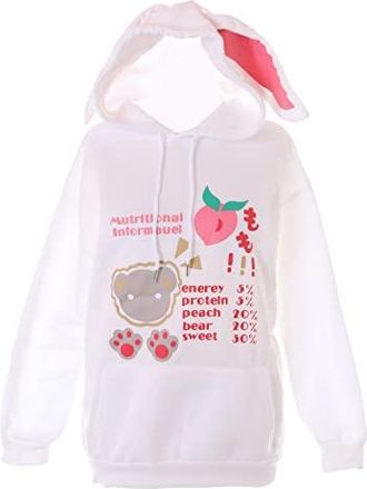Kawaii-Story TS-336-2 Sweat-shirt à capuche avec oreilles de lapin Blanc pastel Goth