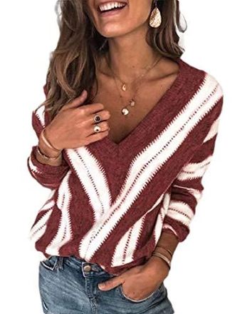 Minetom Pull Femme Automne Hiver Élégant Col V Col Rond Manches Longues Sweater Patchwork Blouse Chic Chaud Tricot Hauts Tunique Pullover Ample Sweater A Bour