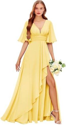 Generic Robe de demoiselle dhonneur en mousseline de soie à manches courtes et col en V pour femme - Robe de soirée formelle longue - Robe de demoiselle dhonn