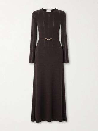 Gabriela Hearst Imagene Midikleid Aus Wolle In Geripptem Pointelle-strick Mit Gürtel - Braun