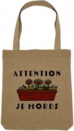 Fabulous Sac Shopping Tote Bag Aspect Lin - Attention je Mords Plante Carnivore Pot Jardinage - Sac de Courses Toile Epaisse 360g Beige Naturel Cabas Port&eacute; Epa