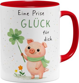 OM3 Eine Prise Gl&uuml;ck Kaffee-Tasse mit Spruch - Liebevolle Spruchtasse mit Schweinchen Schwein - Keramik Becher - 325ml - Beidseitig Bedruckt - Rot