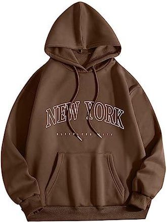 Generic Sweat à capuche avec cordon de serrage pour femme, pull à capuche New York tendance, sweatshirts à capuche coupe ample avec poche, couleur unie, propr
