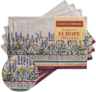 Maison d'Hermine Lot de 4 sets de table réutilisables 100 % coton lavables pour cuisine, salle à manger, fête, mariage, restaurant, printemps/été (Fanny Lavande, 33 cm