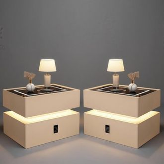 Generic Intelligenter Nachttisch Mit Kabelloser Aufladung, LED-Licht Und Passwortsperre, Nachttisch Aus Massivholz Mit 2 Schubladen Und USB-Anschlüssen for Bl