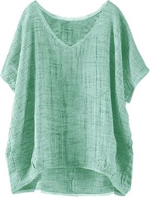 Generic Hauts en lin pour femme - Grande taille - En coton et lin - T-shirt d&eacute;t&eacute; &agrave; manches courtes - Coupe ample - Ourlet fluide - T-shirt l&eacute;ger et d&eacute;contract