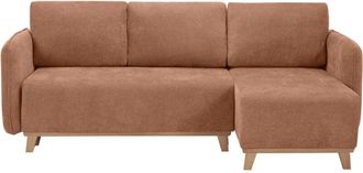 Miliboo Schlaf-Ecksofa modulierbar terracottafarbener Stoff mit Velours-Effekt und helles Holz 3-4 Sitzer ROMANE