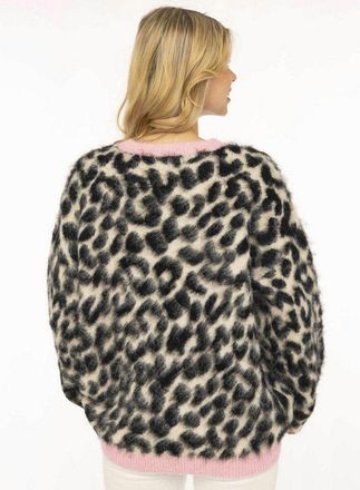 Zwillingsherz Strickpullover Fluffy Leo Rundhals, Leopardmuster, pinke B&uuml;ndchen, oversize, Strick