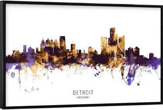 artboxONE Poster mit schwarzem Rahmen 45x30 cm Städte Detroit Skyline PurpleGold - Bild Detroit Detroit Michigan