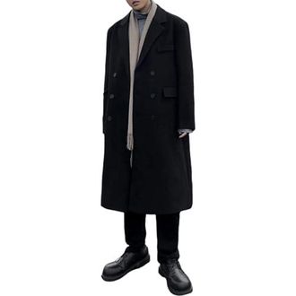 Generic Trench pour homme &agrave; double boutonnage avec revers crant&eacute; Coupe ajust&eacute;e, Noir, 3XL