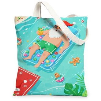Generic Sacs fourre-tout en toile tropicale pour vacances, motif Père Noël, piscine, sacs dépicerie, sacs dépicerie réutilisables, vintage dété, légers, lavab
