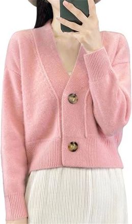 Generic Cardigan pour femme 100 % laine m&eacute;rinos col en V manches longues cachemire tricot hiver pull vintage tops, rose, Taille S