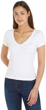 Tommy Jeans T-Shirt Manches Courtes Femme Slim Col en V, Blanc (White), XL