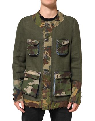 Dolce & Gabbana Mens Brown Camouflage Linen Button Down Jacket Co+02+li Clothing