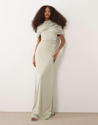 Six Stories Bridesmaids - Maxikleid in Salbeigr&uuml;n mit Stretch und Cape-Detail