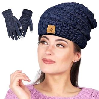 Generic Combinaison de chapeau et de gants pour femmes,Ensemble de moufles tricot&eacute;es r&eacute;sistantes au vent,Gants et chapeau &agrave; &eacute;cran tactile chauds | Pour les pe