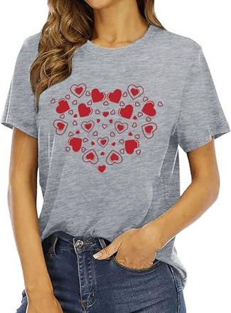 Generic T-shirt d&eacute;contract&eacute; &agrave; manches courtes pour femme Motif Saint-Valentin 2026, gris, XXL